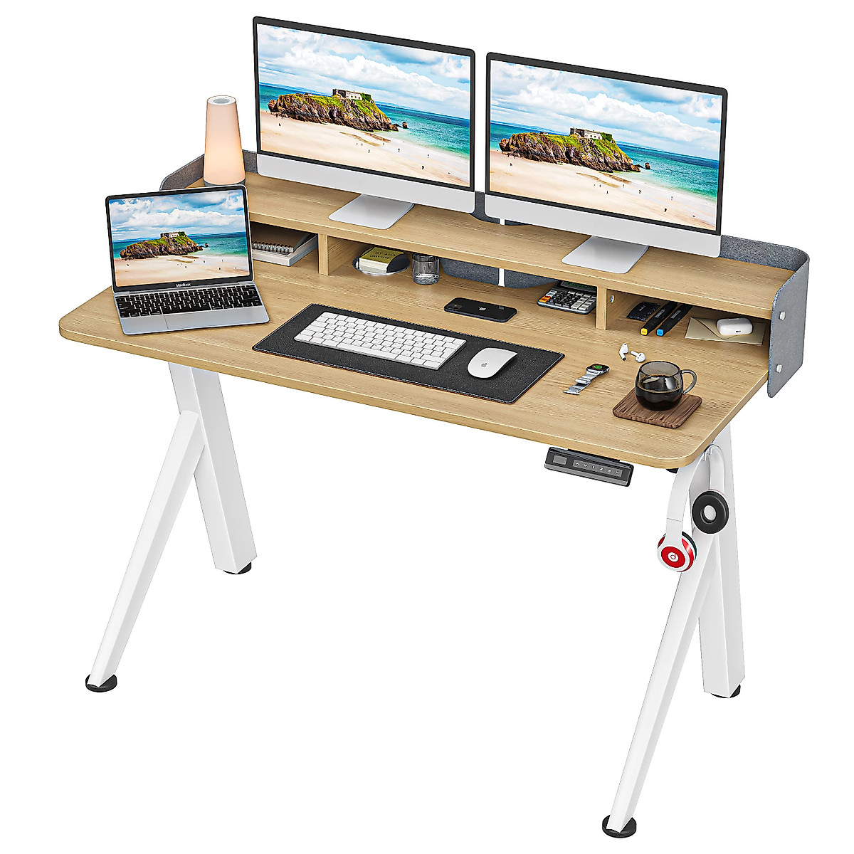 SOMEET Electric Height Adjustable Standing Desk, 48''x24'' Stand Up Desk with Double Drawers, R Shape Sit Stand Rising Desk with Monitor Stand, Home Office Ergonomic Computer Workstation, Light Rustic