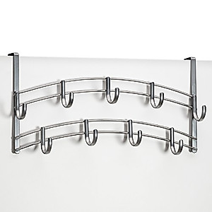 Lynk® Over Door Hook Rack - Scarf, Belt, Hat, Jewelry, Purse, Bra Hanger - 9 Hook Organizer Rack - Platinum