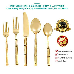 Flatasy Flatware Set Gold Silverware Set with Bamboo Pattern Mirror Polished 20 Pieces Cutlery Set Housewarming Wedding Gift Service for 4