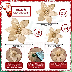 WILLBOND 24 Pieces 3 Size Christmas Glitter Poinsettia Flowers Wedding Faux Flowers Christmas Decoration Ornaments for Tree Outdoor(3.2/4/6 Inches,Champagne)