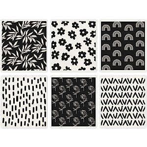 Whaline 6Pcs Minimalist Swedish Dishcloth White Black Flower Leaf Rainbow Geometric Reusable Kitchen Dish Towel Absorbent Cotton Cleaning Dishcloth for Graduation Party Housewarming Gift, 6.7x7.7 Inch
