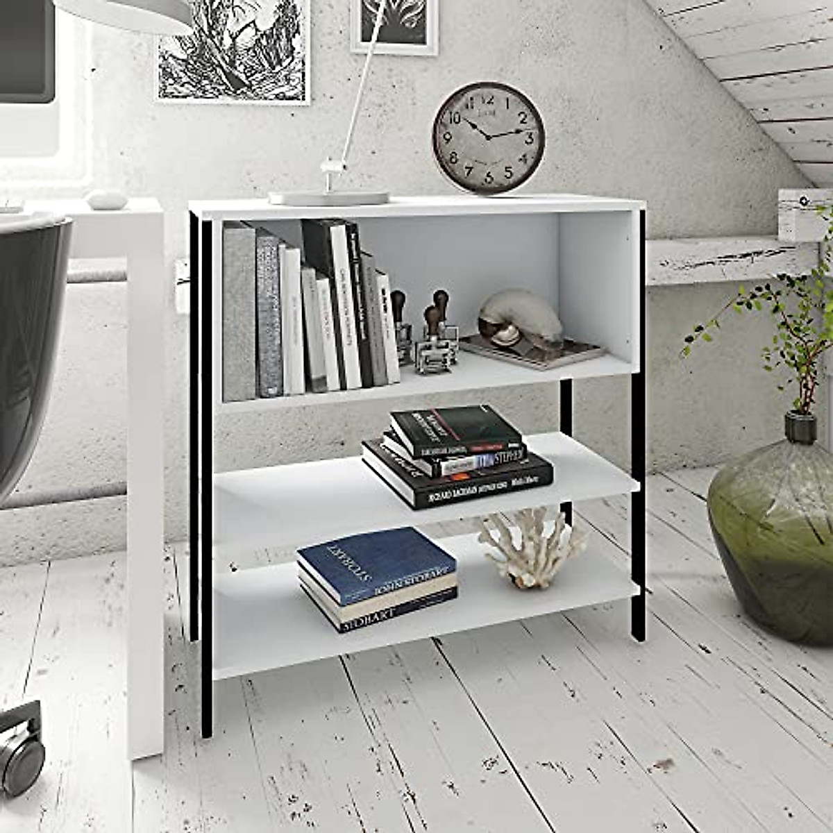 PLAYCON Decorative Open Shelf Unit and Display Cabinet, for Living Room, Study Room or Else, 32(11/16)" Wide, Innovative Textured PVC White Wood Veneer Looking Finishing