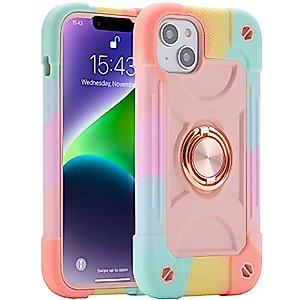 MARKILL Compatible with iPhone 14 Plus Case 6.7 Inch with Ring Stand, Military Grade Drop Protection Full Body Rugged Heavy Duty Protective Cover for iPhone 14 Plus. (Rainbow Pink)