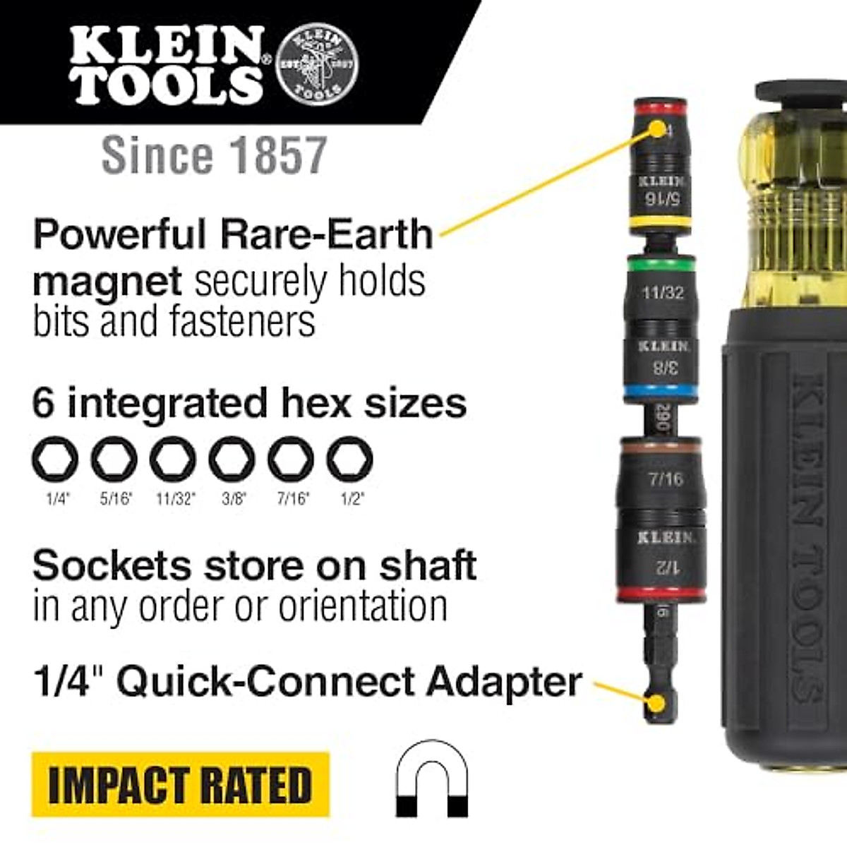 Klein Tools 32900 Impact Driver, 7-in-1 Impact Flip Socket Set with Handle, 6 Hex Driver Sizes plus a 1/4-Inch Bit Holder