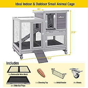 Aivituvin Wooden Bunny Hutch Indoor- Outdoor Rabbit Guinea Pig Cage for Small Animals with Exclusive Two Trays & Bottom Wire Mesh (Grey)