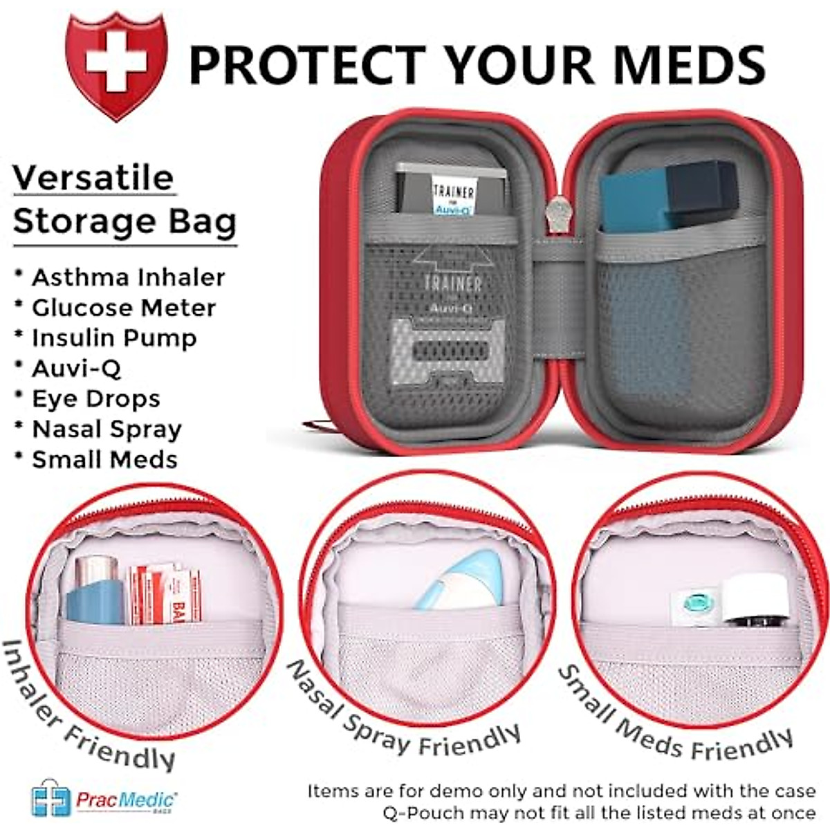 PracMedic Bags Auvi Q Carrying Case- Medicine Pouch - First Aid Pouch for Asthma Inhaler Case, Pump, Kids, Purse Essentials, Seizure Meds, Nasal Spray, Syringe, Travel Medicine, Hiking (Q-Pouch Red)