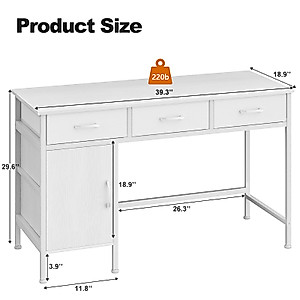 Korfile White Desk with Storage Cabinet and 3 Fabric Drawers, 39 Inch Home Office Desk for Writing Study Gaming, Small Computer Table with Storage Space, Modern Vanity Desk for Bedroom