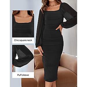 ZESICA Women's 2024 Sexy Ruched Bodycon Midi Dress Long Puff Sleeve Square Neck Backless Cocktail Party Wedding Dresses,Black,Large