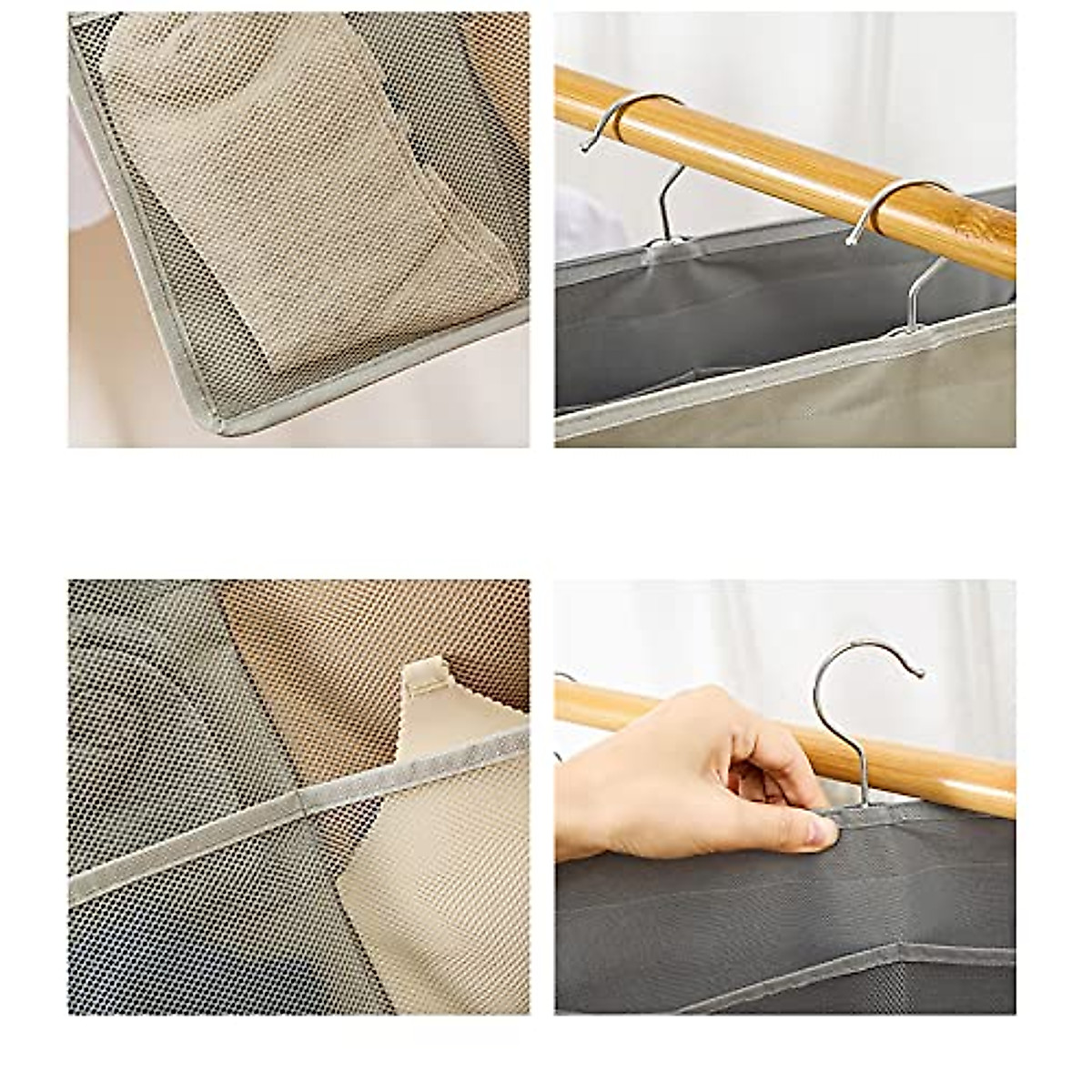 Dual Sided Wall Closet Hanging Organizer Storage with 5+10/12+18 Mesh Pockets for Underwear Bra Underpants Socks with Metal Hook Wardrobe Storage Bags Oxford Cloth Space Saver (Grey 5+10 2 Pack)
