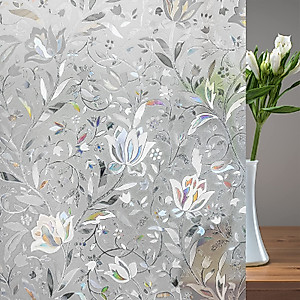 rabbitgoo Window Privacy Film, Decorative Stained Glass Window Film, Sun Blocking Glass Clings, Renter-Friendly Static Cling Frosted Sticker Covering for Home Door, Rainbow Tulip 17.5" x 78.7"