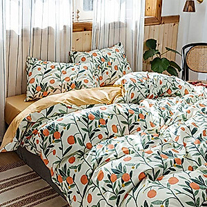 HoneiLife Duvet Cover King Size - 100% Cotton Comforter Cover Floral Duvet Cover Sets, Orange Duvet Cover with Zipper Closure & Corner Ties, 3pcs Wrinkle Free Comforter Cover Sets-Fruit