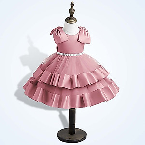 Baby Girl Dress Christening Party Wedding Flower Dresses Big Bow Knee Length Tulle Princess Birthday Baptism Special Occasion Gowns for Kids 5 6 Years(6306Blush,120)