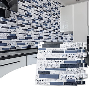 Art3dwallpanels 10-Sheet Peel and Stick Backsplash Tile Stickers, Stick on Backsplash for Kitchen Stone Design 12"x12" Blue