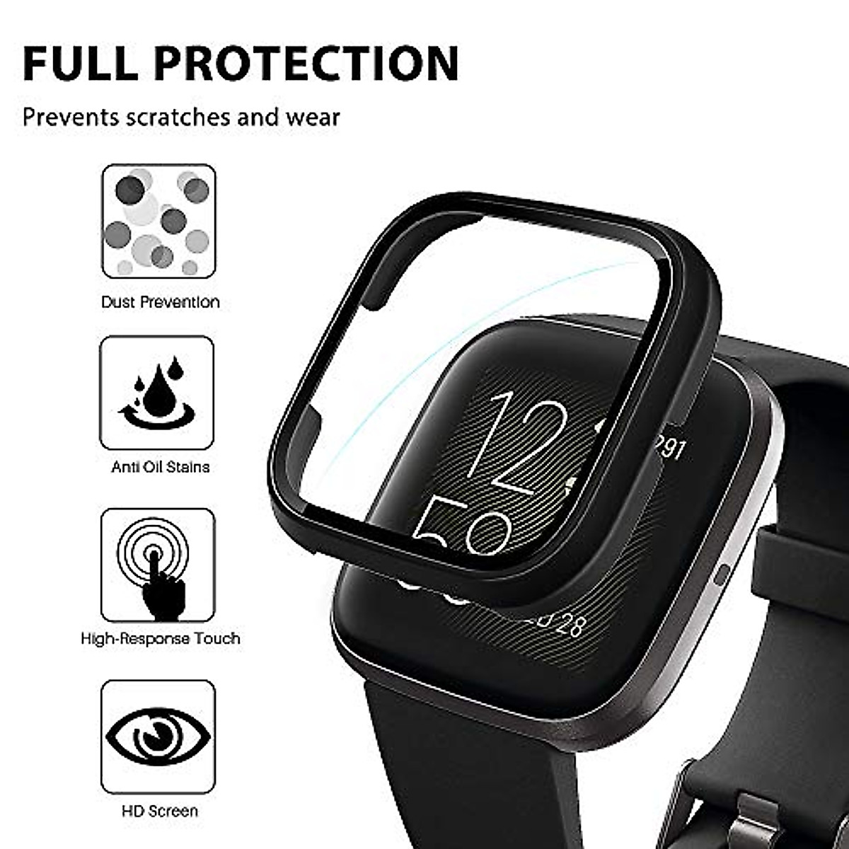 2 Pack LϟK Smartwatch Case Compatible for Fitbit Versa 2 Built-in Tempered Glass Screen Protector, All-Around Ultra-Thin Bumper Full Cover Hard PC Protective Case - Black