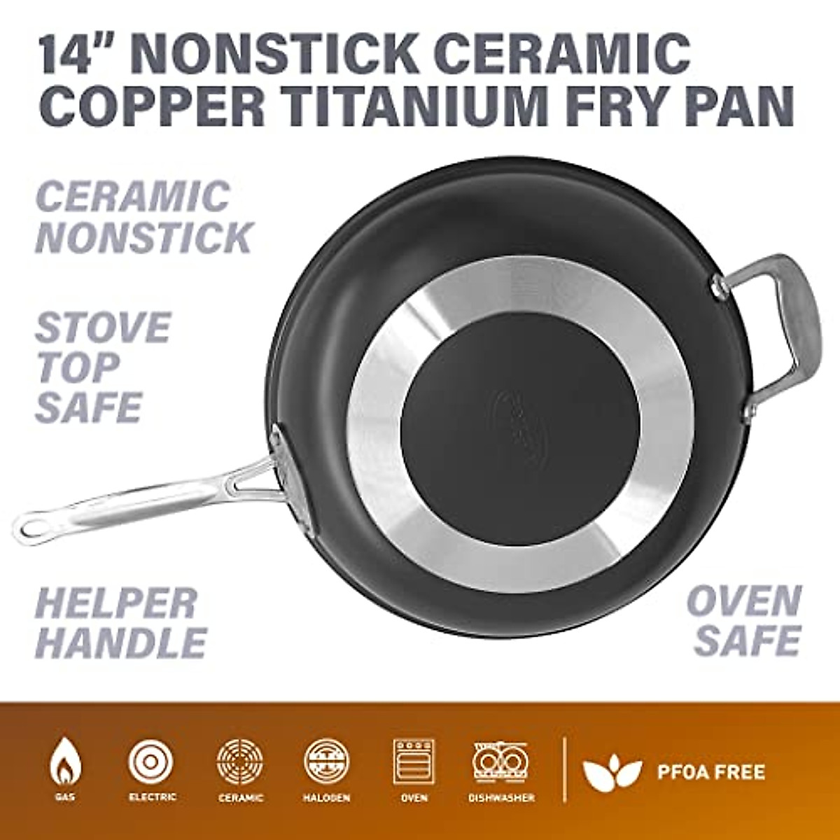 Gotham Steel 14” Nonstick Frying Pan with Ultra Durable Mineral and Diamond Triple Coated Surface, Family Sized XL Skillet with Stainless Steel Stay Cool & Helper Handle, Oven and Dishwasher Safe