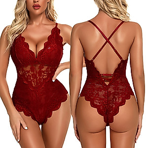 Namifin Women Sexy Lingerie Set Sheer Mesh Lace Bodysuit Snap Crotch Teddy Corset Lingerie Top Wine Red XX-Large
