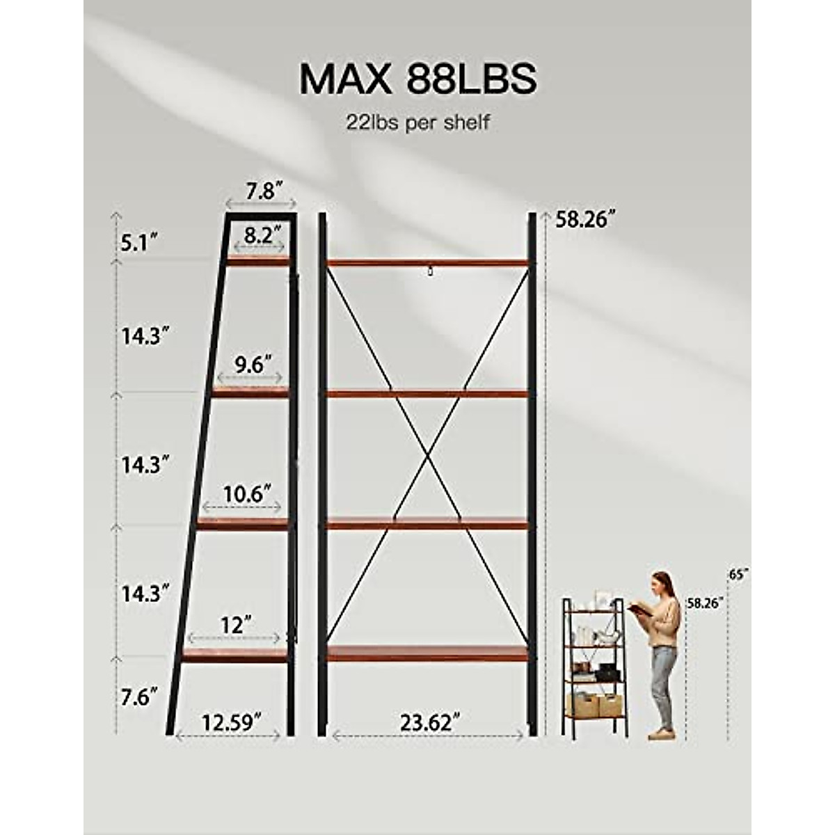 Pipishell Industrial Ladder Shelf, 4-Tier Bookshelf, Free Standing Bookcase Storage Rack Shelves Plant Flower Stand with Wood Look for Living Room, Bedroom, Kitchen, Bathroom, Home Office, Balcony