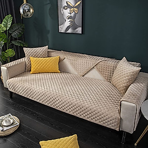 vctops Luxury Velvet Couch Sofa Cover Soft Plush Sectional Couch Covers Plaid Nonslip Sofa Slipcover for Dogs Cats Pet Love Seat Recliner Leather L Shaped, Armrest Backrest Cover (Camel,28"x47")