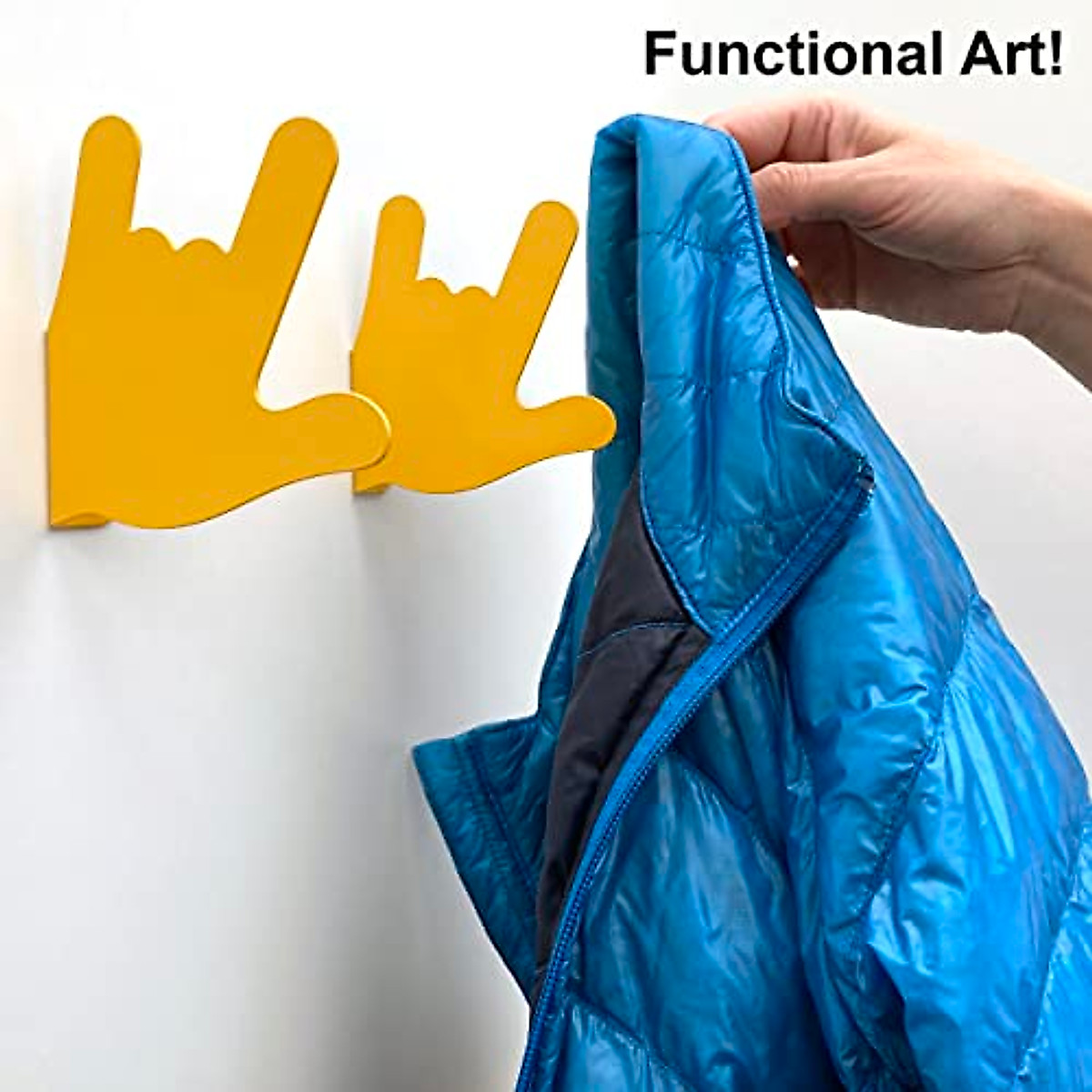 ASTUD Decorative Wall Mounted Hooks (2pcs) Functional Art, Funny, Space-Saving, Heavy Duty Metal Wall Hooks for Bags, Coats, Scarves, Keys, Towels and More (Rock-Yellow)
