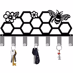 INFUNLY Key Holder for Wall Hive and Bees Pattern Wall Mounted Hooks Decorative Black Metal Organizer Rack with 7 Hooks for Bag Clothes Key Hanging Wall Decoration Bee with Honeycomb Art Wall Decor