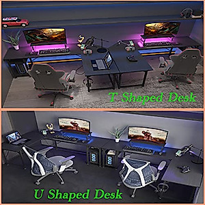 SZXKT L Shaped Computer Desk with Monitor Stand and Power Outlets,Gaming Desk with Storage Shelf and LED Lights,Home Office Reversible Corner with Hooks (Black)