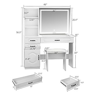 VOWNER Vanity with Lighted Mirror - Makeup Vanity Desk with Glass Top, Power Strip, Drawers and Shelves, 3 Color Lighting Modes Adjustable Brightness, Vanity Table with Cushioned Stool, 45'' L