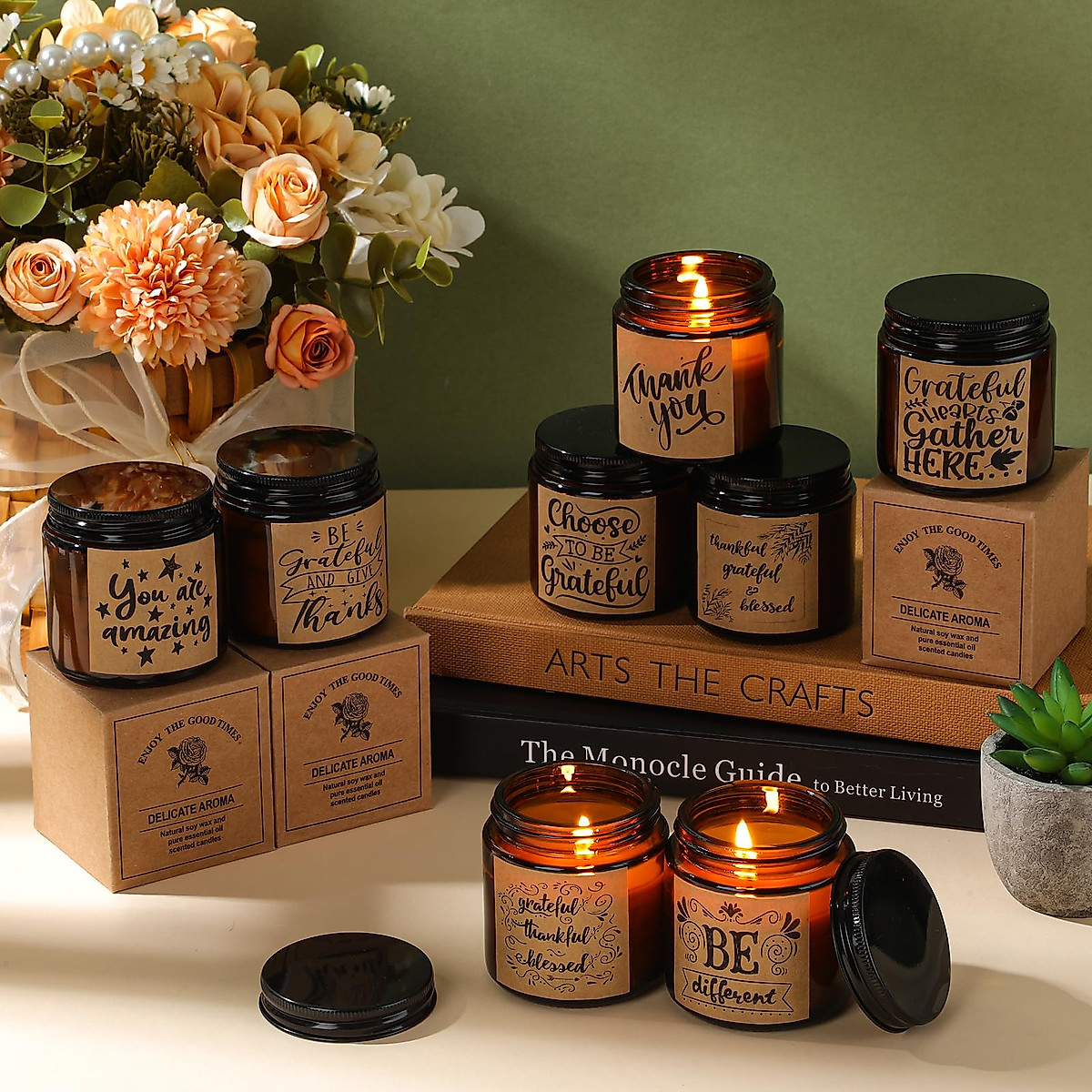 MTLEE 24 Pcs Thank You Candles Gift 6.7 oz Inspirational Jar Candles Bulk 8 Fragrance Thank You Gifts for Employee Appreciation Gifts Coworker Employee Women Teacher Volunteers (Retro, Sweet Scent)