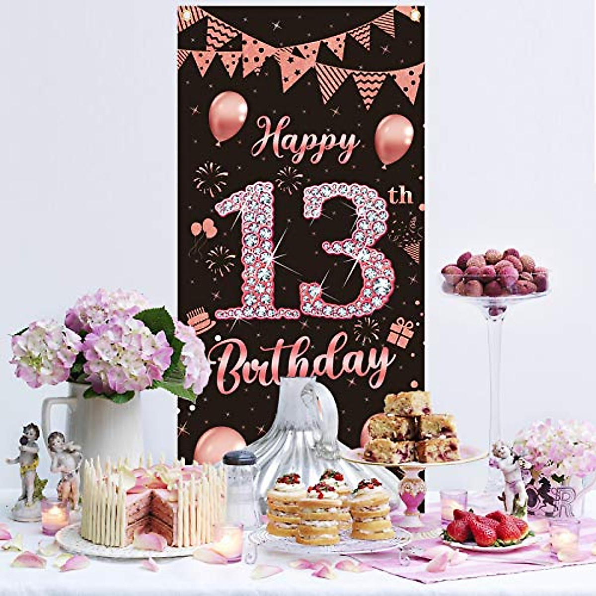 Lnlofen 13th Birthday Door Banner Decorations for Girls, Large 13 Year Old Birthday Party Door Cover Backdrop Supplies, Rose Gold Happy 13th Birthday Poster Sign