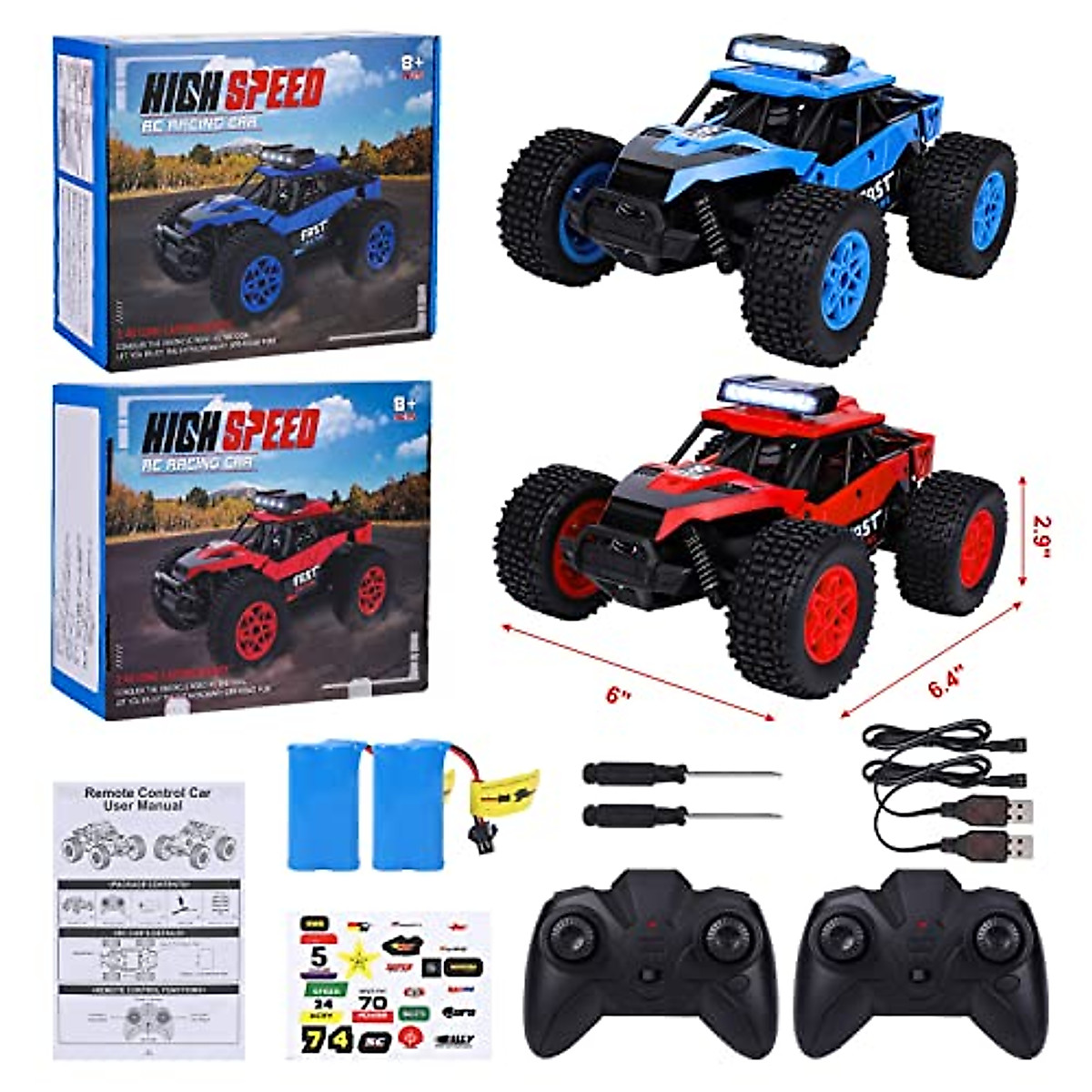 Remote Control Car,1:20 Scale RC Stunt Car,2WD High Speed 25 Mph All Terrains Monster Truck Electric Toy Off Road RC Toy Cars Crawler with LED Headlight for Xmas Birthday Gift Adults,Kids(Blue/Red)