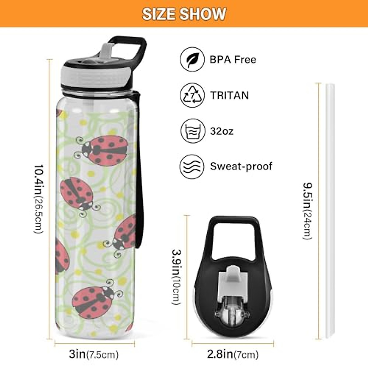 OTVEE Red Ladybugs Water Bottle with Straw, BPA-Free Plastic Sports Water Bottle for Fitness, Gym, Camping, Outdoor Sports,32 oz