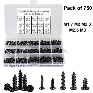 HanTof 750Pcs Small/Micro/Tiny/Mini Self-Tapping Screws,M1.7 M2 M2.3 M2.6 M3 Phillips Pan Head Screws for Laptop Computer Repair,Cross Recessed Wood Screws,DIY Electronic Screws,Carbon Steel (Black)