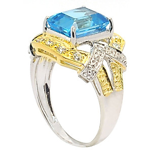 De Buman 18k Gold and Sterling Silver Genuine Swiss Blue Topaz and Cubic Zirconia Ring Ring, Size 7