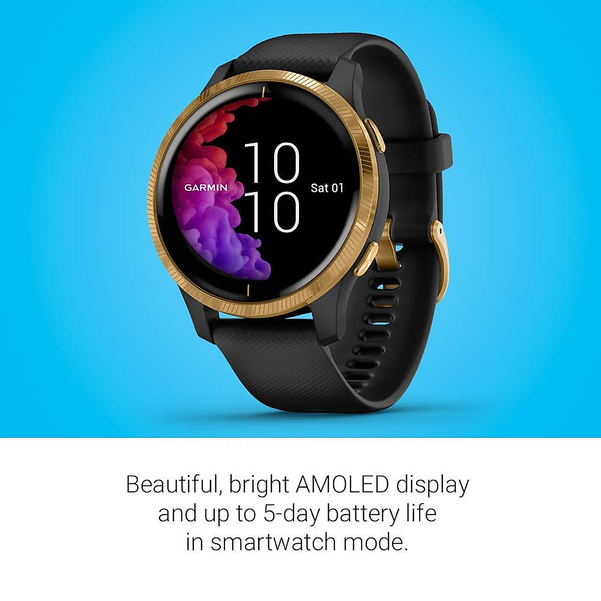 Garmin Venu GPS Smartwatch with Bright Touchscreen Display, Music, Body Energy Monitoring, Animated Workouts, Pulse Ox Sensor, Gold with Black Band (Renewed)