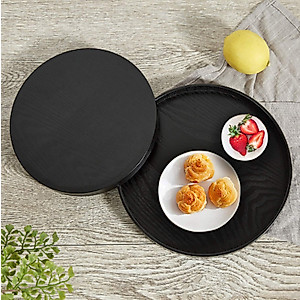 Round Wood Serving Tray, Solid Wooden Decorative Tray Non-Slip Tea Coffee Table Tray Snack Plate Food Meals Serving Tray with Raised Edges for Home Decor Kitchen Restaurant(11.8inch/30cm, Black)