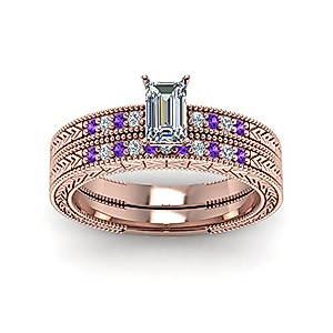 JewelryGift Antique Design Pave Engagement Rings rose gold plated Natural Amethyst Emerald shape purple color Milgrain Engagement Rings pave Setting in Size 10 Casual Wear for Gift