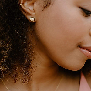 AllenCOCO White Opal Adorned Sunburst Stud Earrings 925 Solid Sterling Silver Post 14k Gold Plated Jewelry for Women