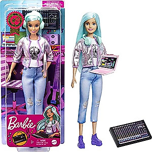 Barbie Career of the Year Music Producer Doll (12-in), Colorful Blue Hair, Trendy Tee, Jacket & Jeans Plus Sound Mixing Board, Computer & Headphone Accessories, Great Toy Gift