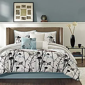 Madison Park Matilda Comforter Scenic Design All Season Hypoallergenic Down Alternative Set, Matching Bed Skirt, Decorative Pillows, Queen(90"x90"), White 7 Piece
