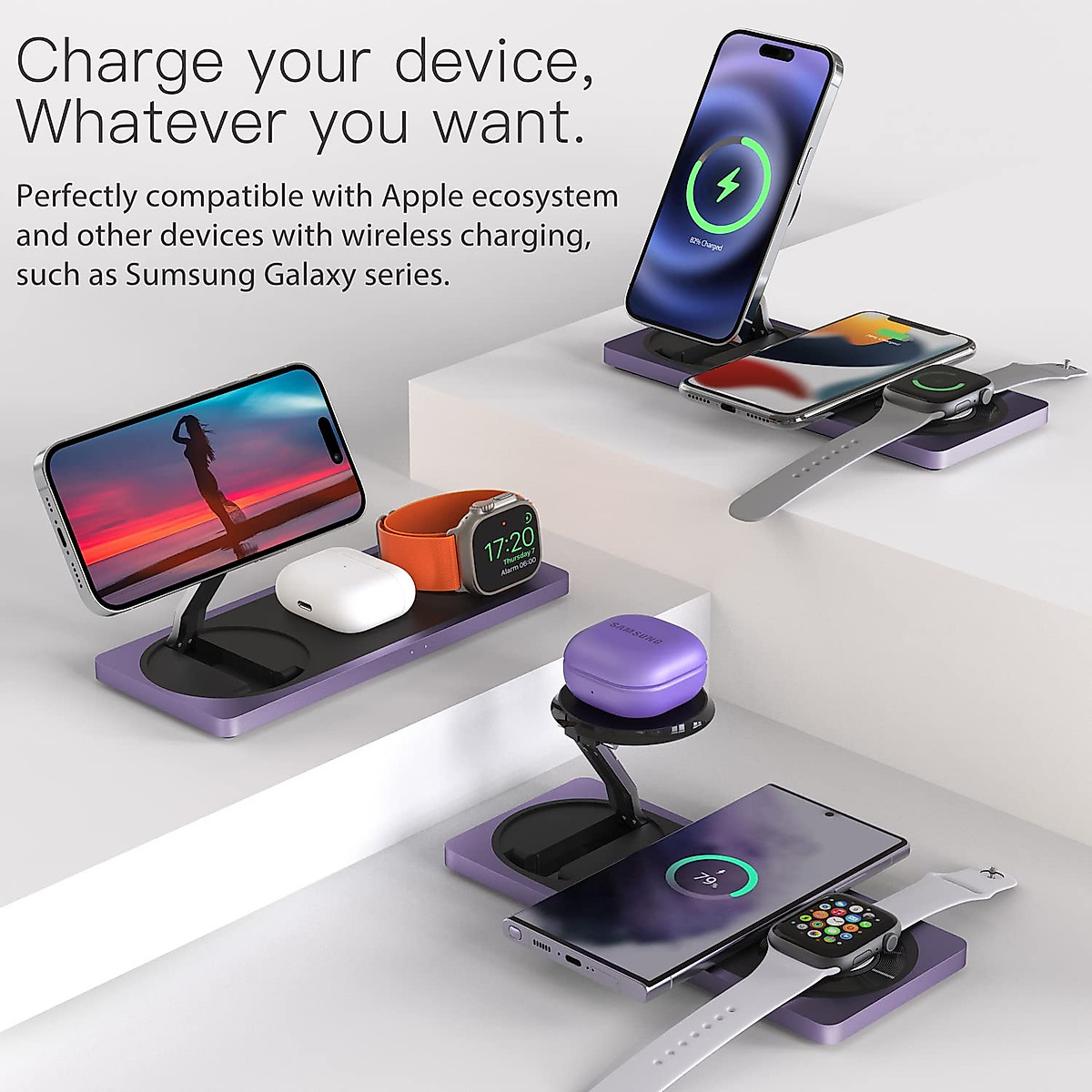 PETINO 3 in 1 Magnetic Wireless Charger Foldable, Mag-Safe Charger Stand, Mag-Safe Wireless Charging Station for Apple Devices, iPhone 15/14/13/12 Series, Apple Watch Series, AirPods Pro(Purple)