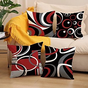 Mologle Red and Black Throw Pillow Covers 18x18 Set of 4,Grey Modern Abstract Pillowcases,Gray Geometric Circle Pattern Decor for Sofa Couch Living Room Bedroom Home Outdoor