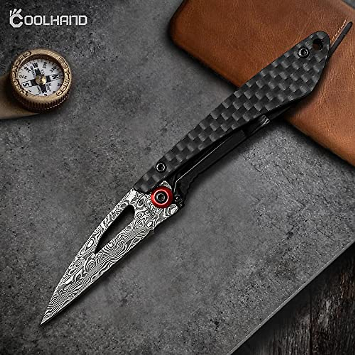 Cool Hand 3'' Super Light Folding Pocket Knife, Liner Lock, 2'' Damascus Blade with Carbon Fiber Scale
