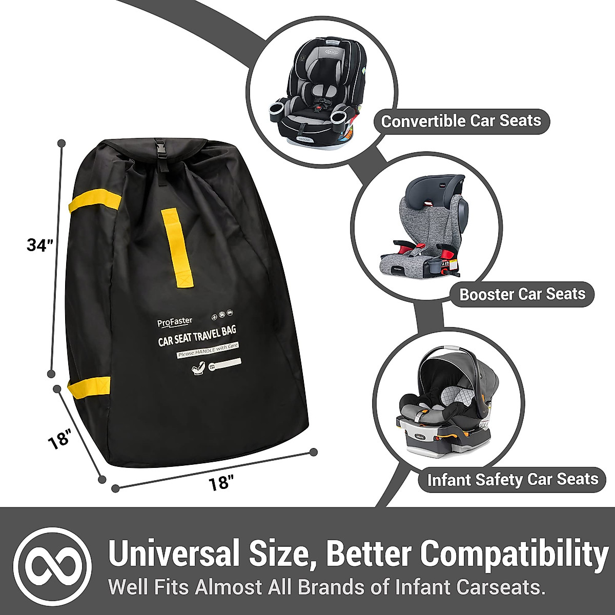 ProFaster Car Seat Travel Bag Backpack for Air Travel - Karfast Universal Infant Carseat Gate Check Bag Cover for Airplane, Foldable with Pouch, Yellow