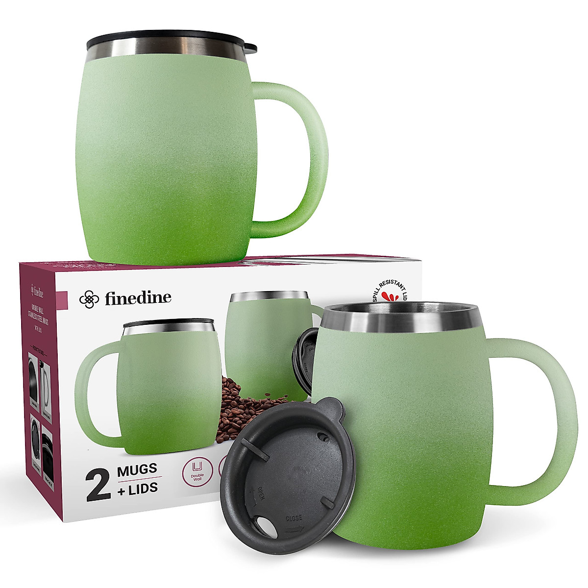 FineDine Double-Wall Stainless Steel, Drinking Cup, Coffee Mugs with Spill-Resistant Lids, Comfortable Handle for Hot & Cold Drinks, Shatterproof Coffee Cups, 14 Ounces