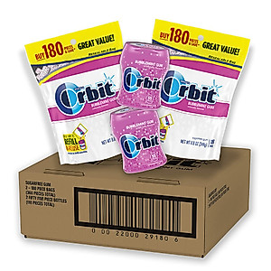 ORBIT Bubblemint Sugar Free Chewing Gum Bulk Pack, 2 Pack - 180 Piece Bag & 2 Pack - 55 Piece Bottle