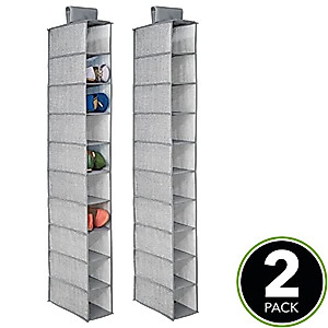 mDesign Soft Fabric Closet Organizer - Holds Shoes, Handbags, Clutches, Accessories - 10 Shelf Over Rod Hanging Storage Unit - Textured Print - 2 Pack - Gray
