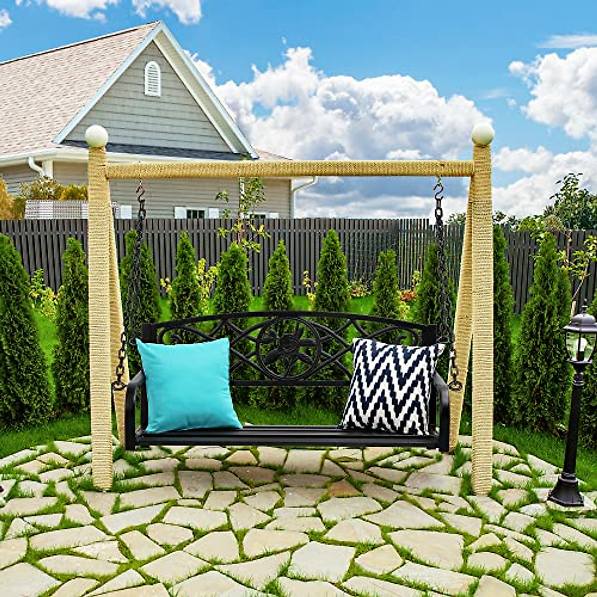 YITAHOME Heavy Duty Metal Hanging Porch Swing Chair Outdoor Swing Steel Patio Bench Lounge Capacity 660lb for Garden, Balcony, Living Room, Black Rose