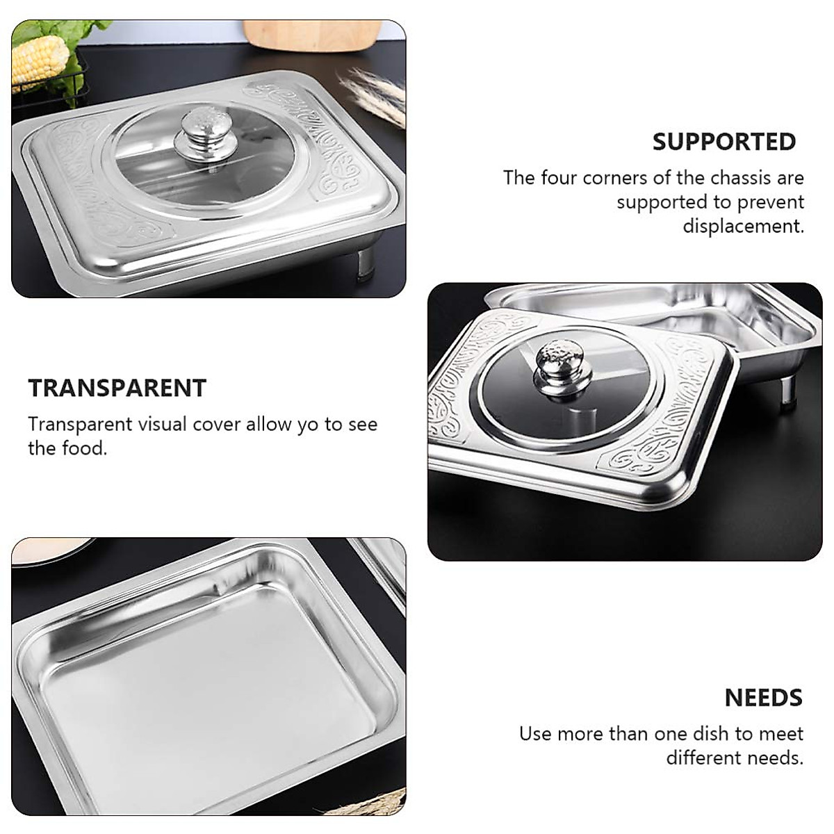 Cabilock Cold Food Buffet Stainless Steel Rectangular Food Dish Tray Oblong Metal Serveware with Lid for Buffet Roasting Baking Cooking Bread Fruit Appetizer Plate 33. 5X27. 5X14. 5CM Buffet Server