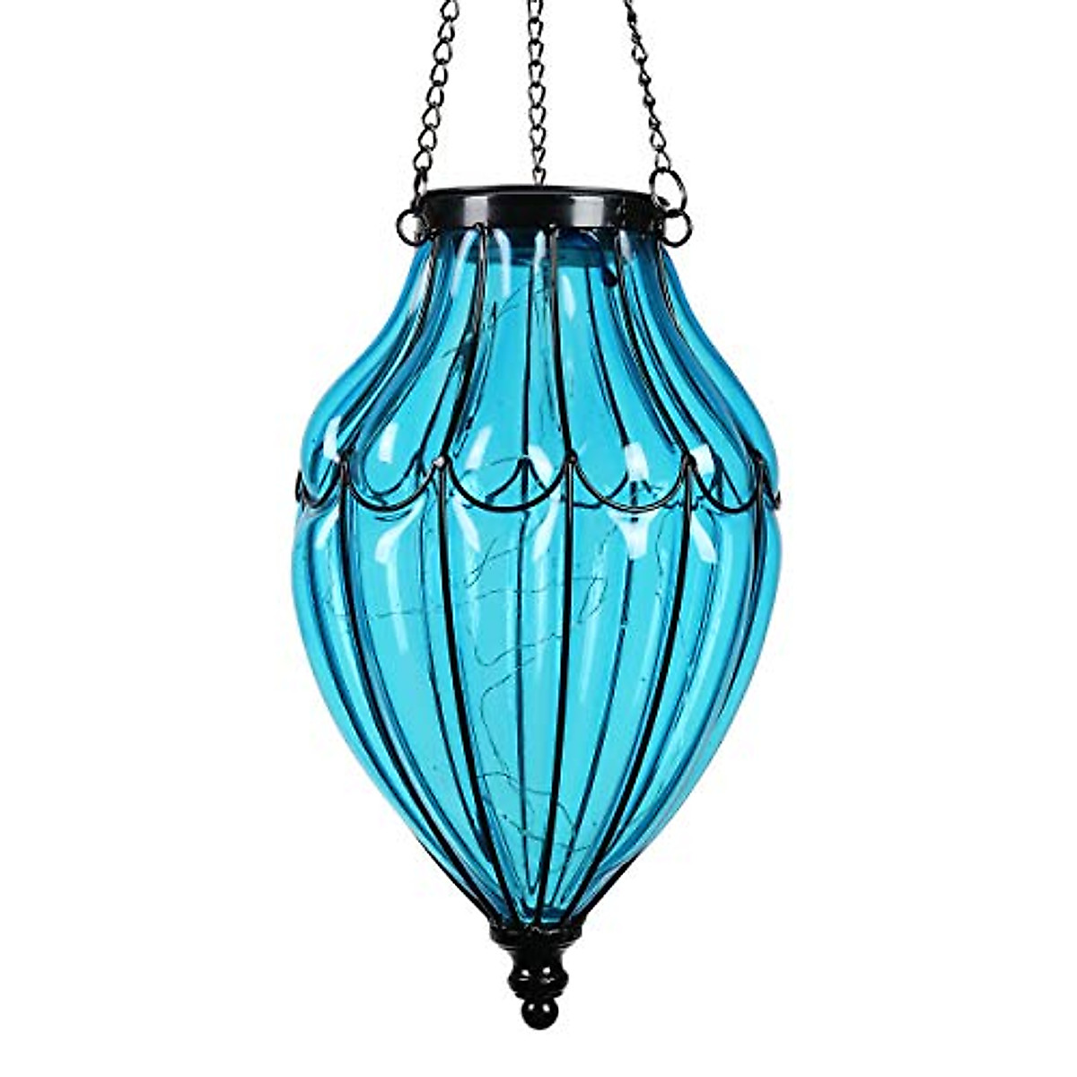 Exhart Outdoor Garden Solar Lights, Blue Glass Hanging Garden Lantern with Waving Metal Pattern, 15 LED Firefly Lights, 7.5 x 25 Inch