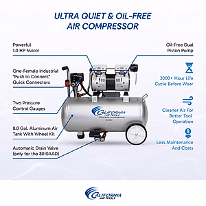 California Air Tools 8010AAD 1.0 HP Ultra Quiet and Oil-Free Air Compressor, 8 Gallon Aluminum Tank, Lightweight with Wheels, 60 dBA Noise Level, with Automatic Drain Valve