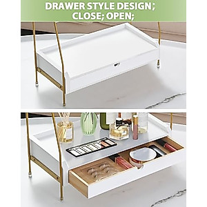 MONVANE 2-Tier Bathroom Organizer Countertop - Solid Wood Bathroom Counter Organizer with Drawer, Simple Standing Vanity Tray for Bathroom Organization and Bathroom Storage (White and Gold)